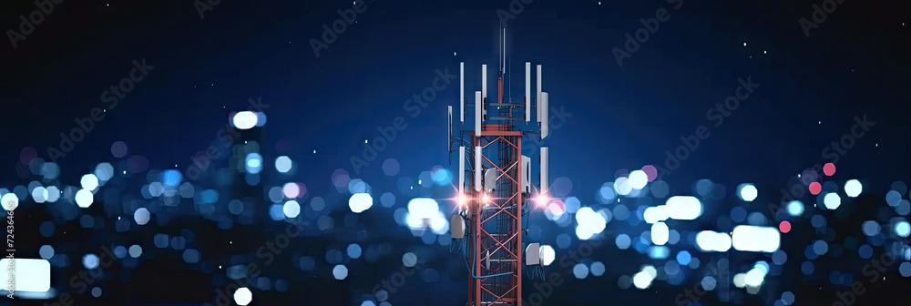 mobile phone signal repeater station tower with blur city at night ...