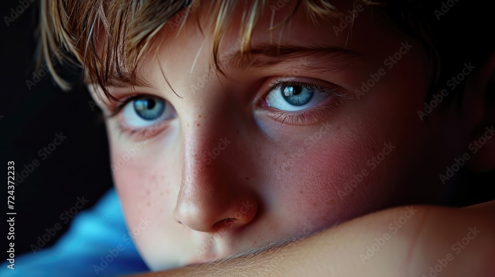 A teenage boy with autism his arms wrapped around himself as he ...