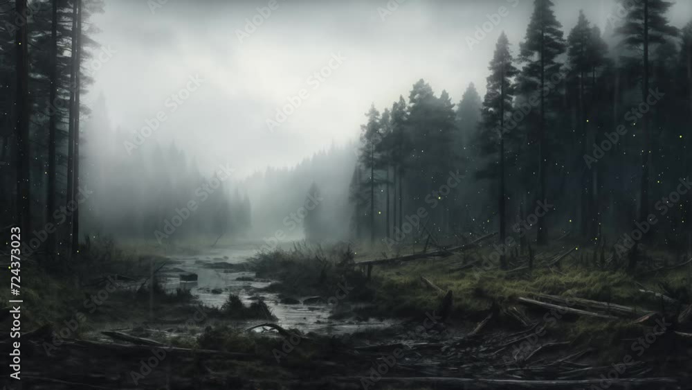 Moody forest landscape with fog and misty forest. seamless looping ...