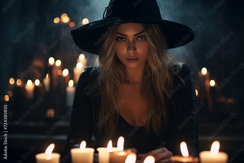 Fantasy woman witch magician in hat hood candles, ritual. Girl ...