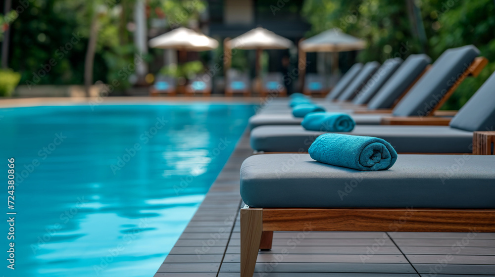 Blue lounge chairs and towels at luxury resort swimming pool. Poolside ...