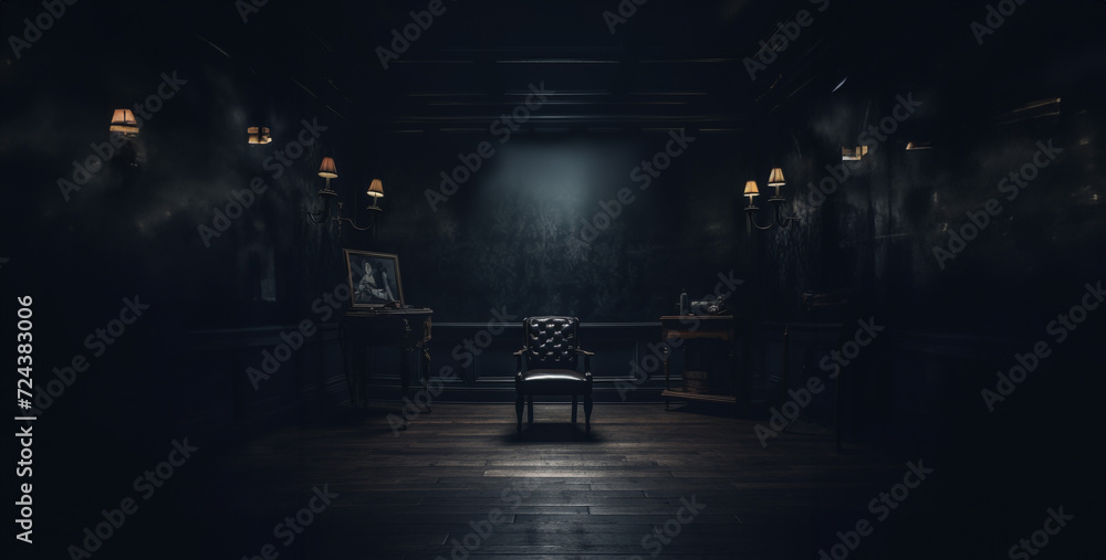 old abandoned room, luxury interior, dark room with dim lighting with a ...