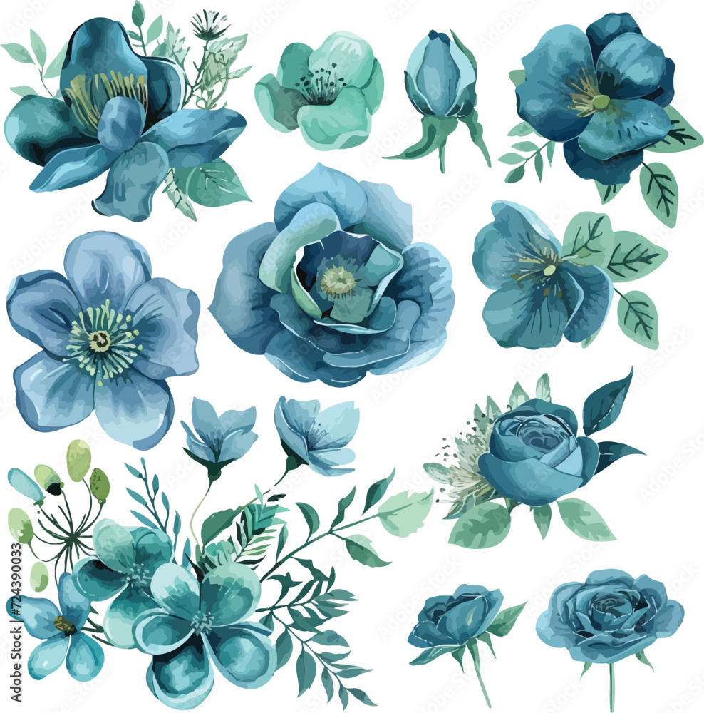Set watercolor elements of Tosca roses collection garden, turquoise ...