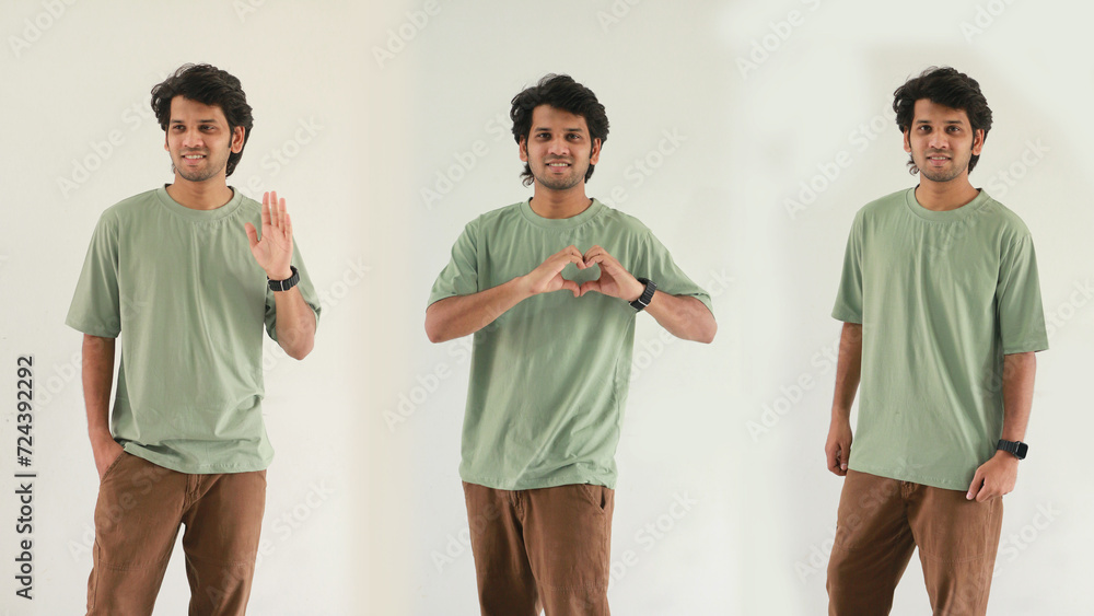 Indian man posing different poses with smile and hand signs foto de ...