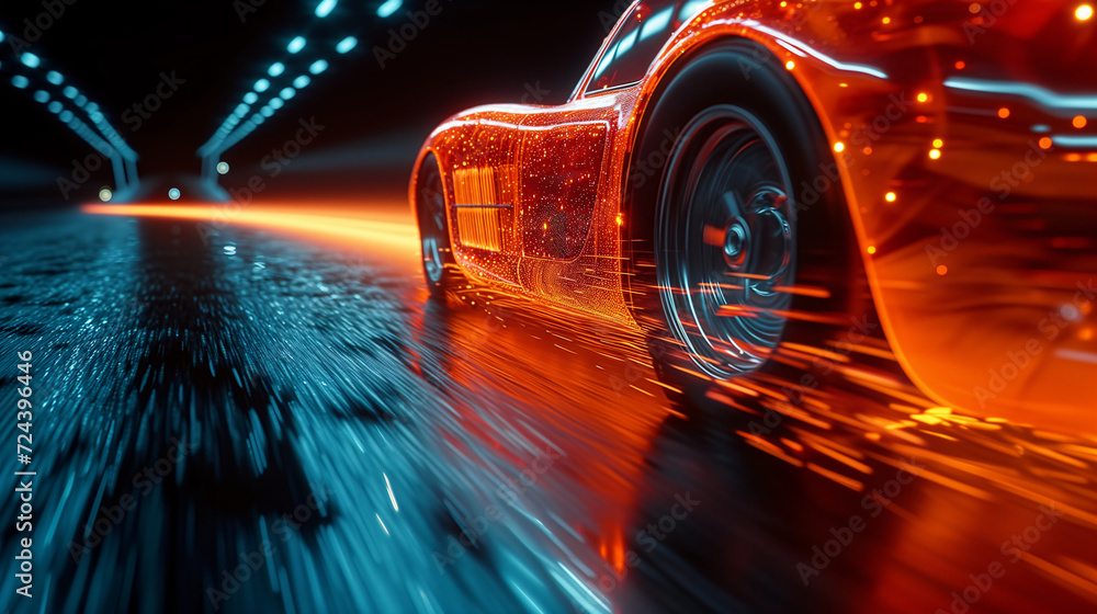 Racing sports car on neon highway. Powerful acceleration of a supercar ...