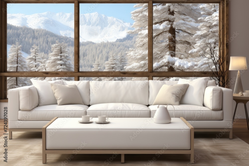 In the lounge, a vast window reveals a snowy winter mountain view ...