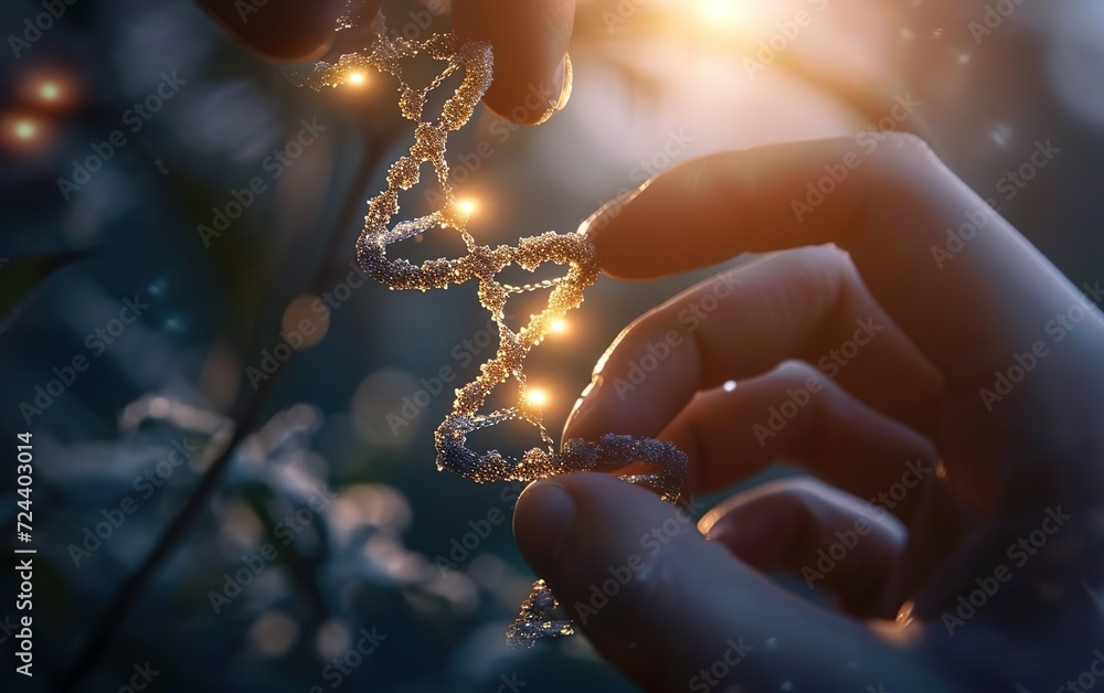 Scientist hand holding DNA part with hands. Modern genetic engineering ...