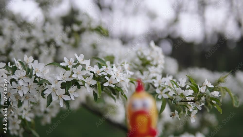 Head of funny, surprised toy suddenly appears in front of flowering ...