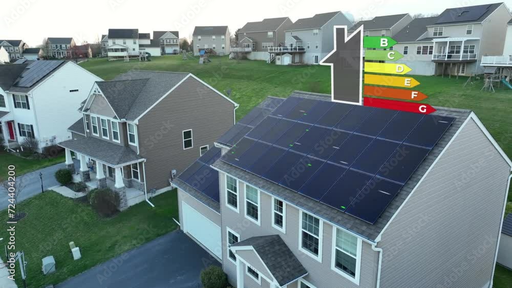 Suburban home with rooftop solar panels and an animated energy ...