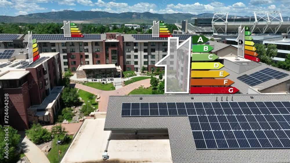 Modern college dorm with solar panels and energy efficiency rating ...