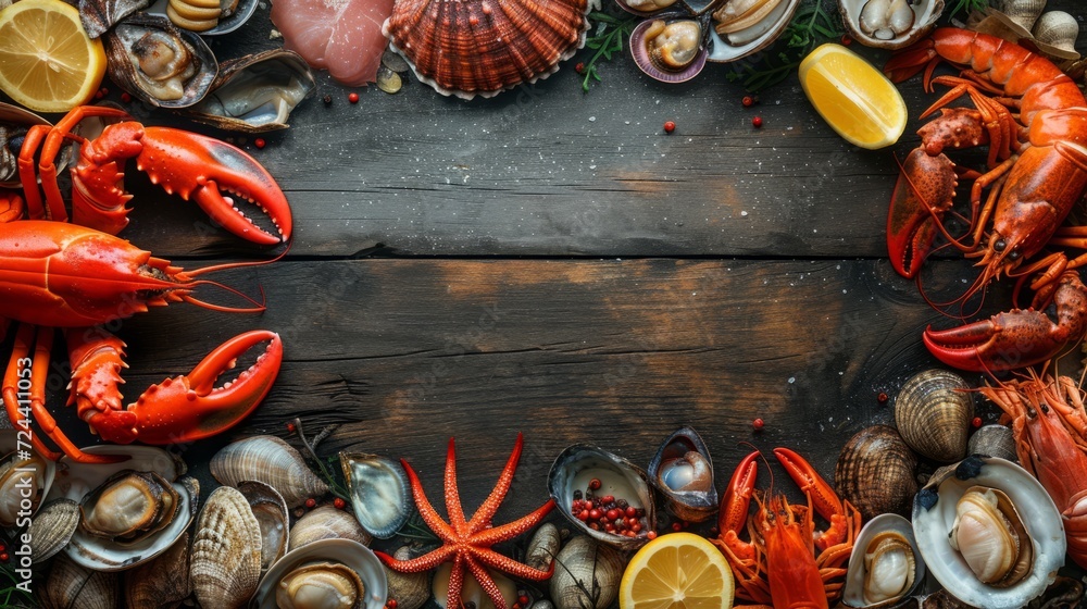 assortment of seafood arranged to create a frame on a wooden surface ...