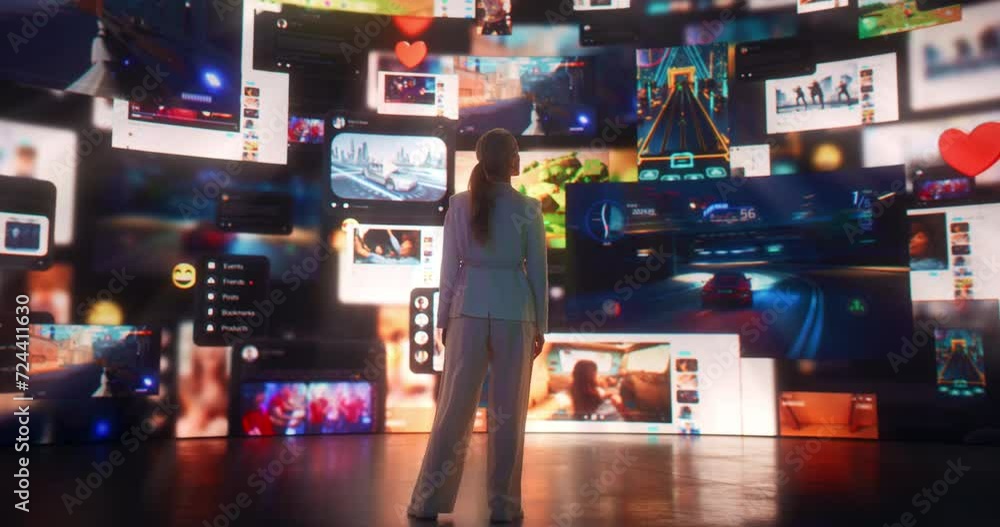 Portrait Of Caucasian Woman Entering 3D Cyberspace With Animated Social ...