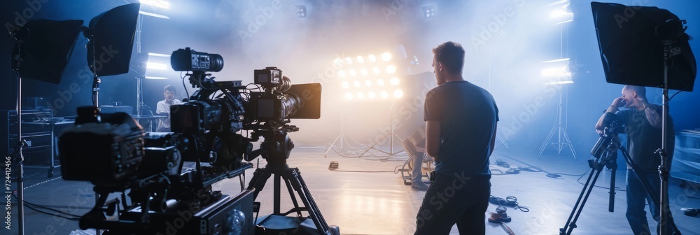 Film crew team with light man and cameraman working together with ...