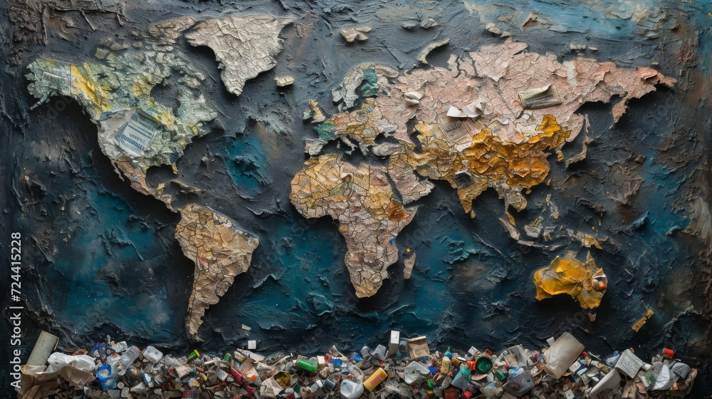 World map made of garbage and trash. All continents of the polluted ...