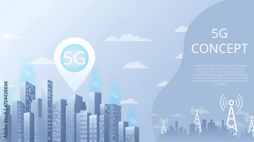 The Signal tower of 5G signal on abstract background cityscape ...