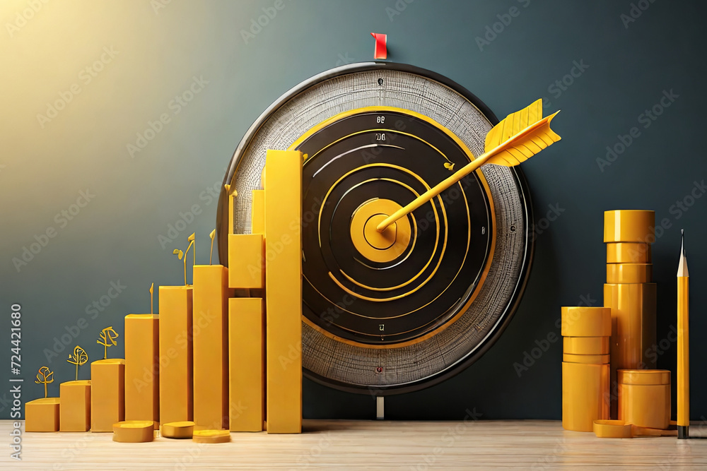 Dartboard with arrow on a rising bar graph, symbolizing enhanced ...