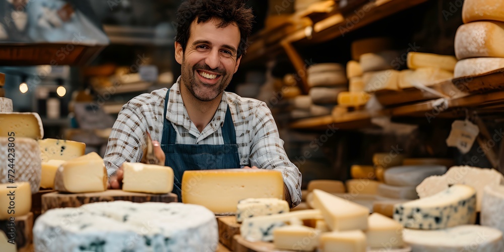 Cheerful cheesemonger presenting gourmet cheeses in artisan cheese shop ...