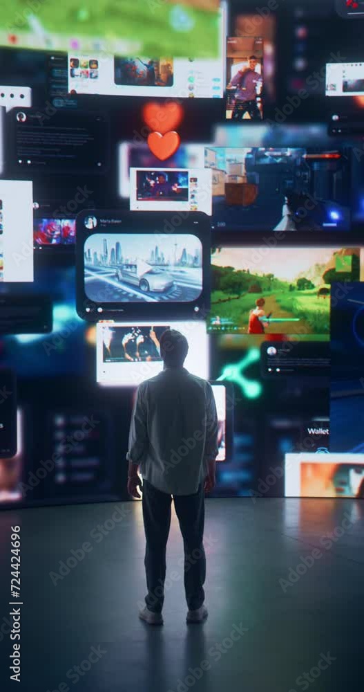 Vertical Screen: Backview Of Caucasian Man Entering Animated Stream Of ...