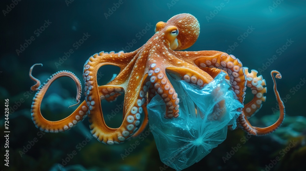 octopus and metal, plastic trash in ocean, pollution danger Stock ...