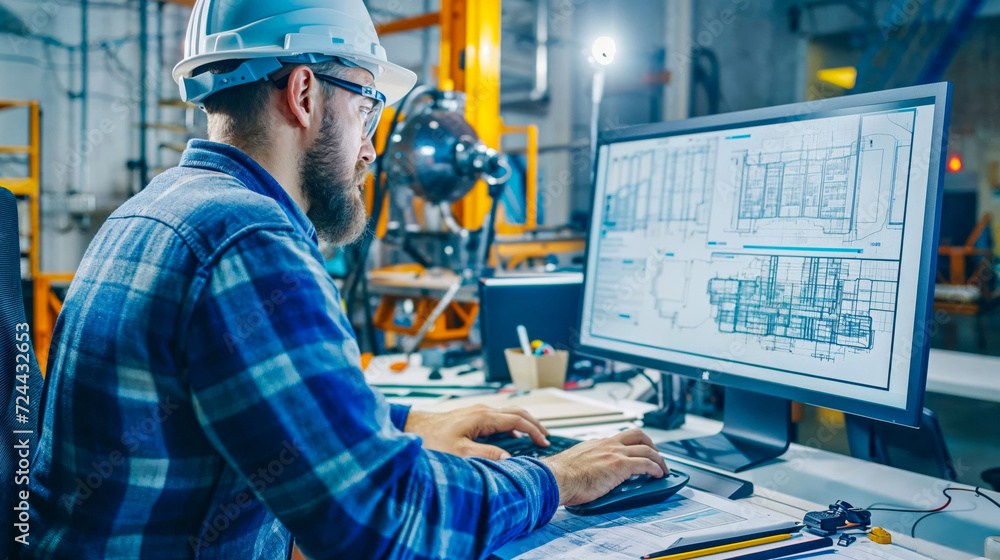 Civil engineer and architect creating blueprints on a computer at his ...