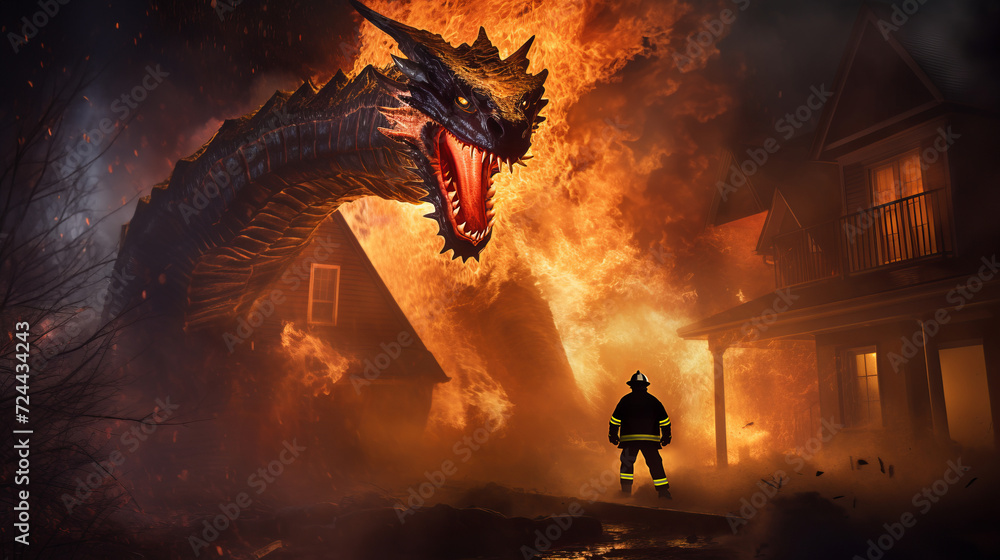 Firefighter bravely confronts sinister fire dragon amidst house fire ...
