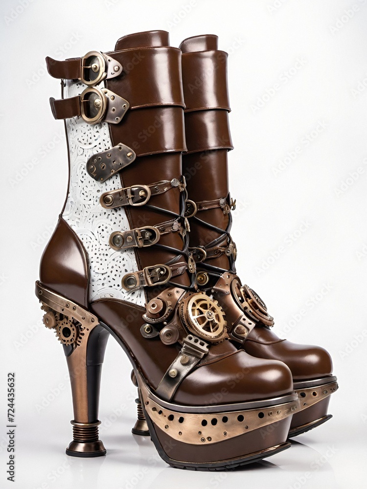 steampunk woman footwear, high heel boot on white background, retro ...