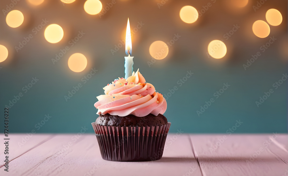Cupcake crowned with a single flickering candle, minimalist backdrop ...