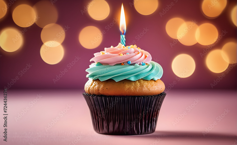 Cupcake crowned with a single flickering candle, minimalist backdrop ...