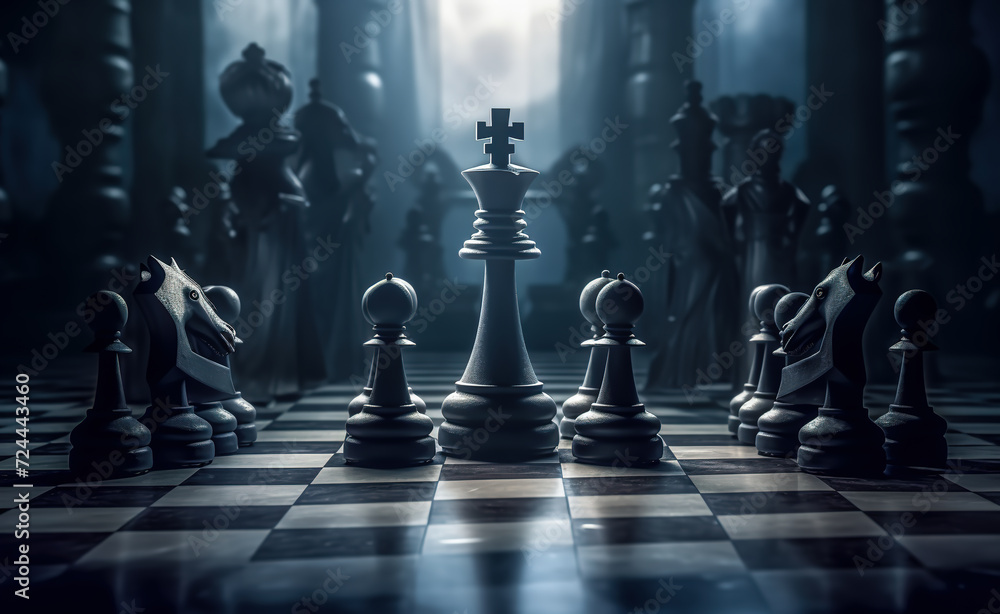 Set of chess pieces element stating on chessboard, queen rook. Cinematic lighting. Leadership ...