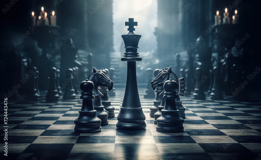 Set of chess pieces element stating on chessboard, queen rook ...