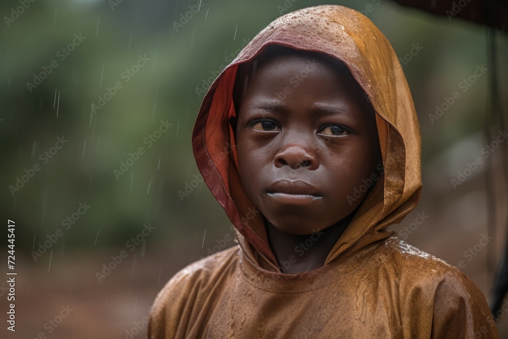 African poor boy at mine. Working hard in labor cave under rain storm ...