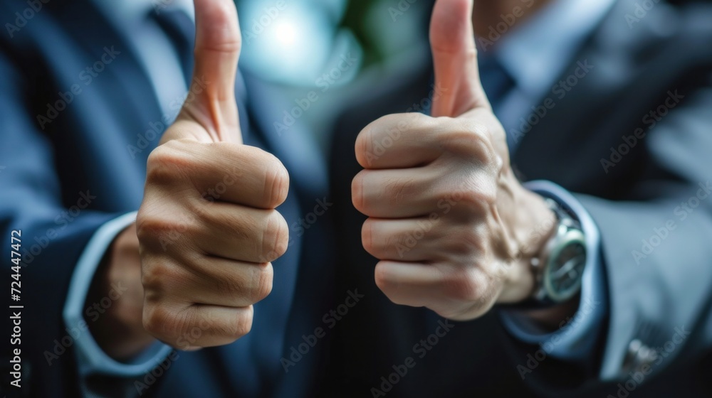 Hands showing thumbs up with business men endorsing, giving approval or saying thank you as a ...