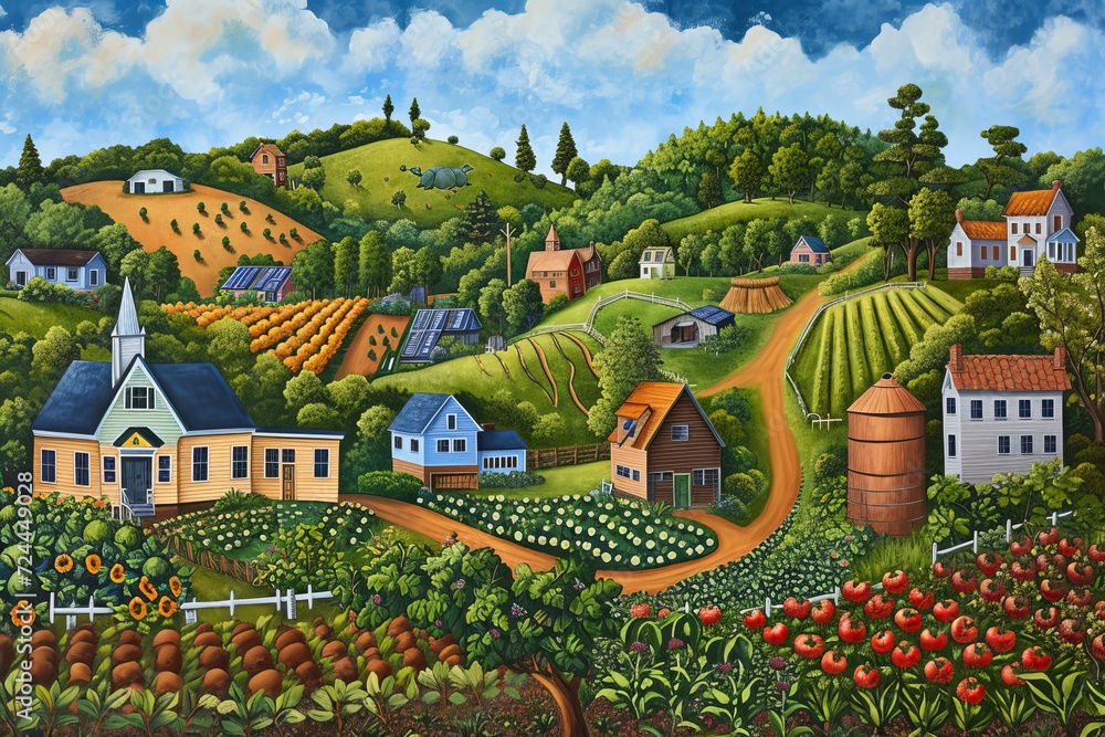 A folk art depiction of a community living sustainably, with scenes of ...