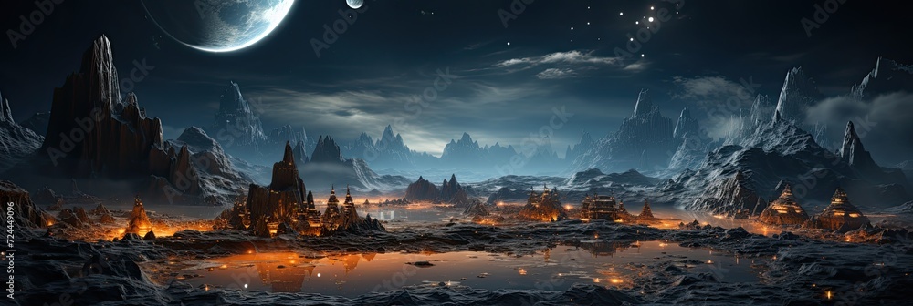 Space landscape with a landing module on the surface of the Moon and an ...