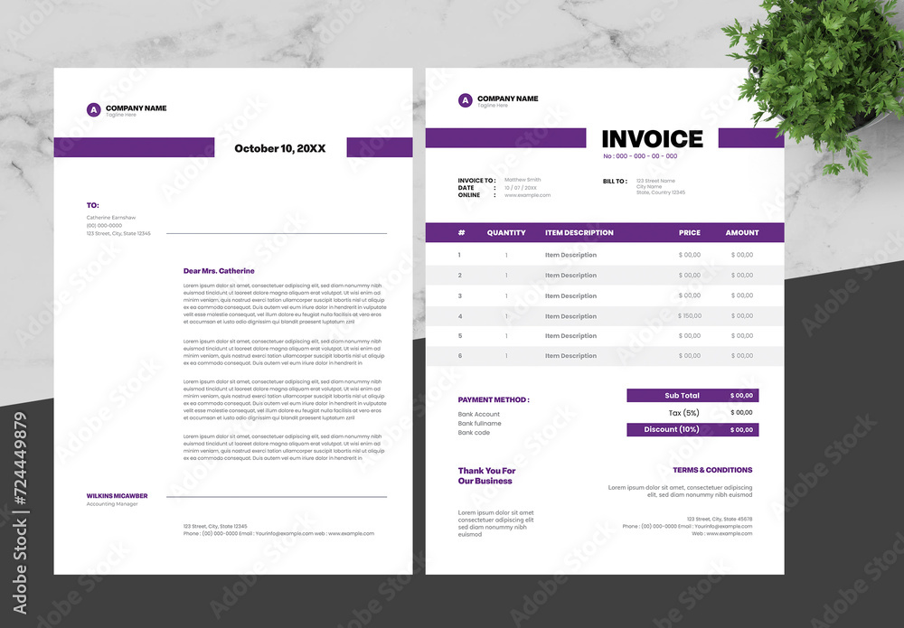 Purple Letterhead+Invoice Stock Template | Adobe Stock