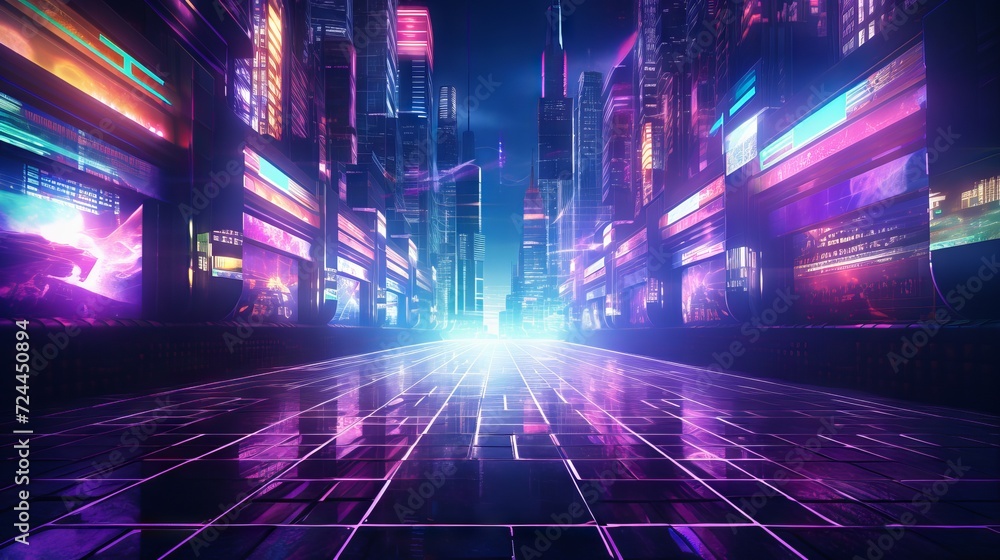 Retro-futuristic cyberpunk sci-fi background with neon lights and grids ...