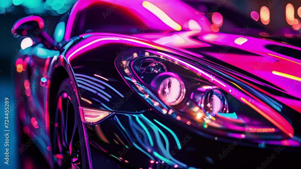 The camera zooms in on a cars headlights featuring a prism effect ...