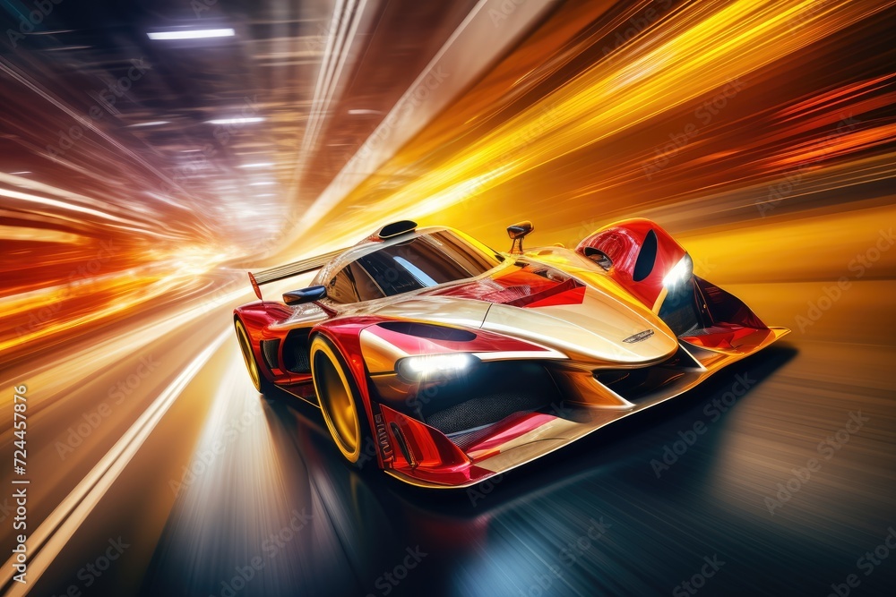 An intense race car with red and white colors zooming through a tunnel ...