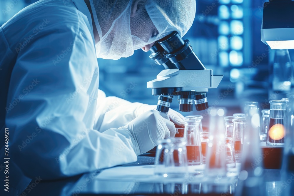 A scientist diligently studies specimens using a microscope in a ...