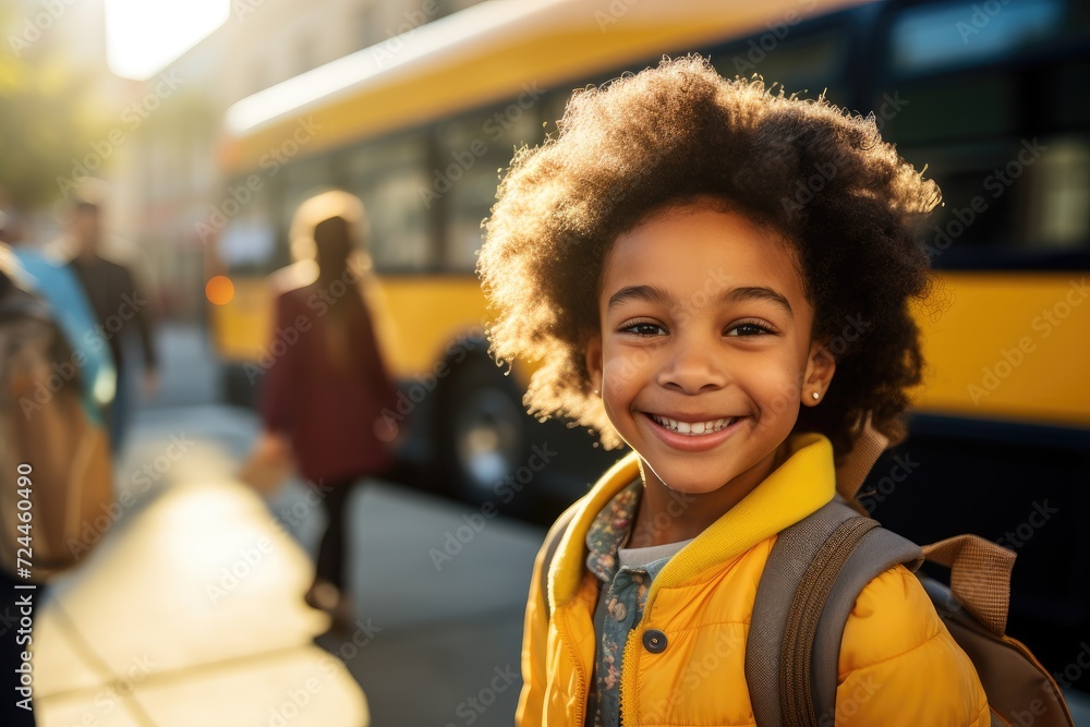 A young girl stands in front of a bus, smiling brightly with excitement ...