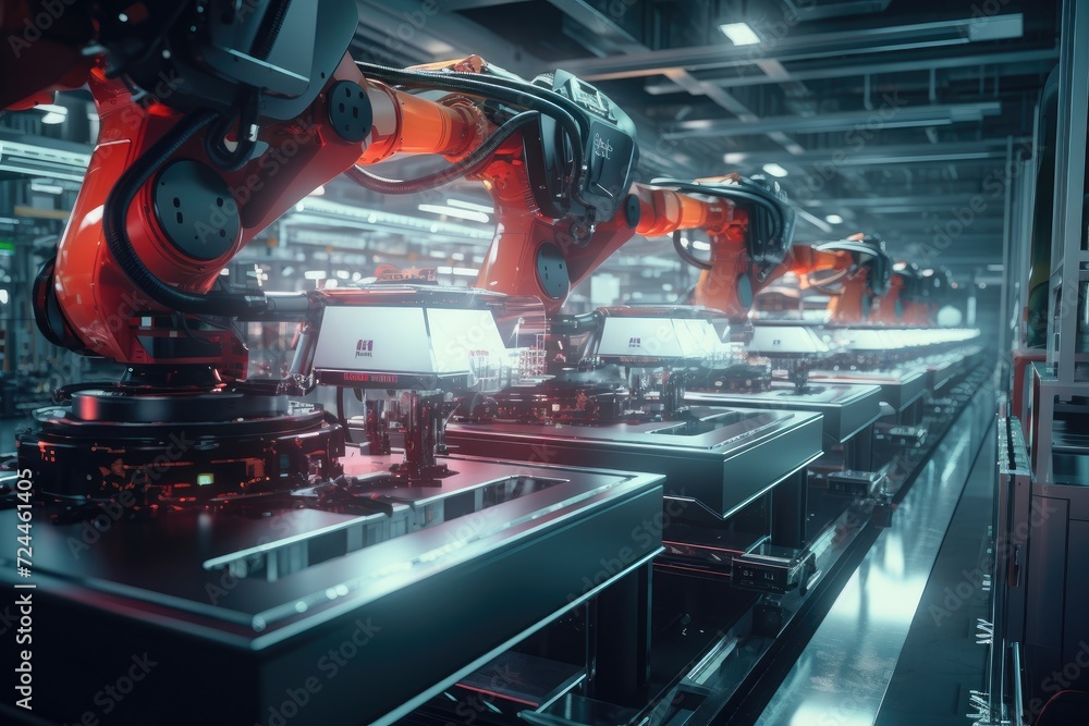 An industrial factory bustling with robots diligently performing tasks ...