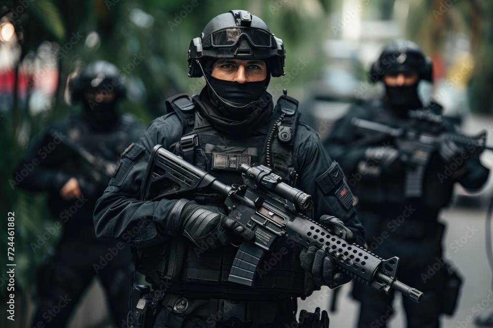 A group of men dressed in military gear walk in an orderly fashion down ...