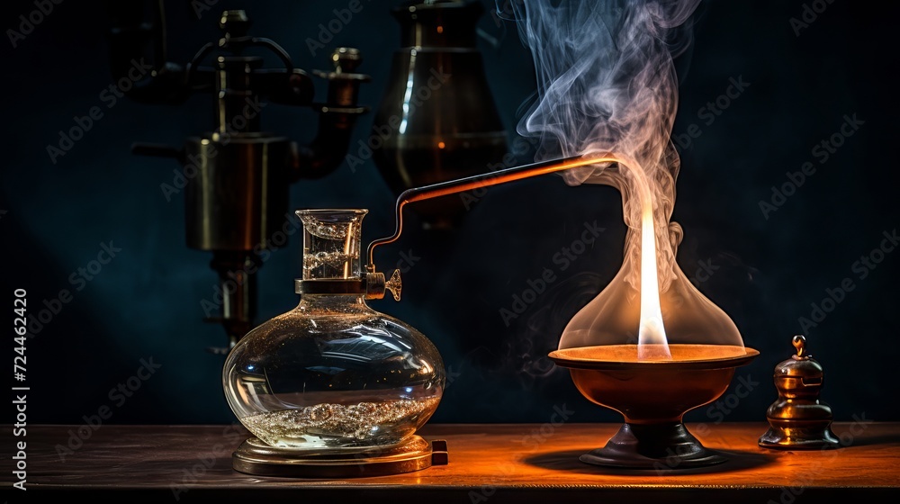 Chemistry experiment with a Bunsen burner and a crucible on a ...