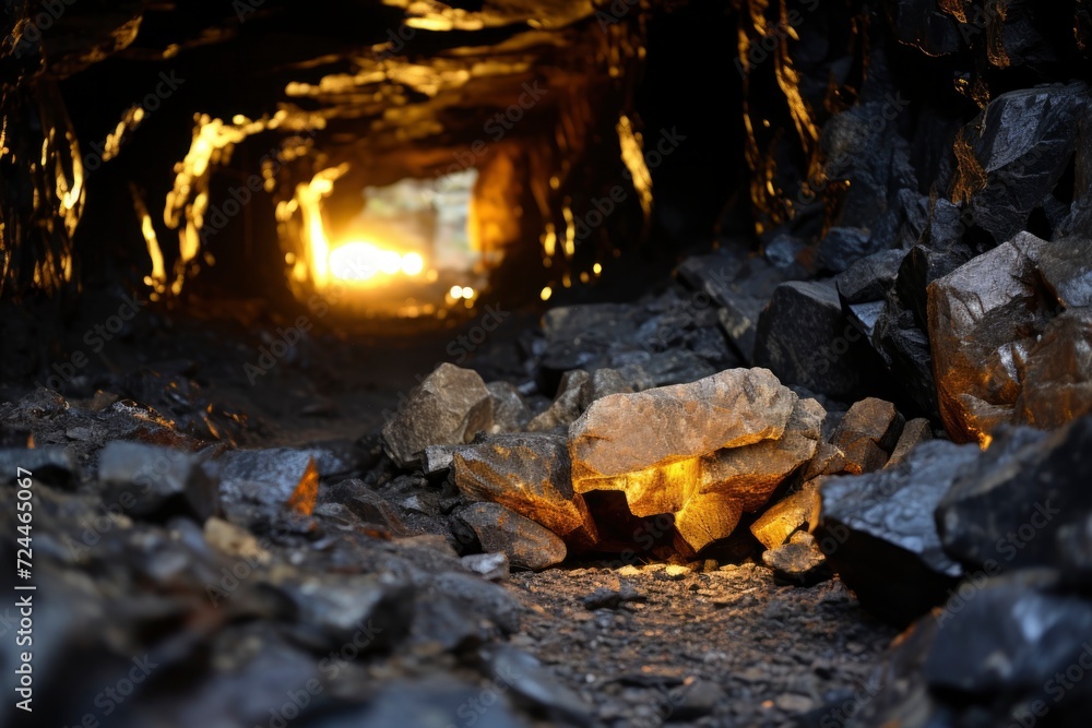 A captivating view inside a cobalt mine, where the exit glows with a ...