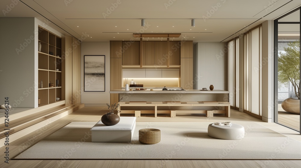 Modern Japanese minimalist interior design kitchen and living room ...
