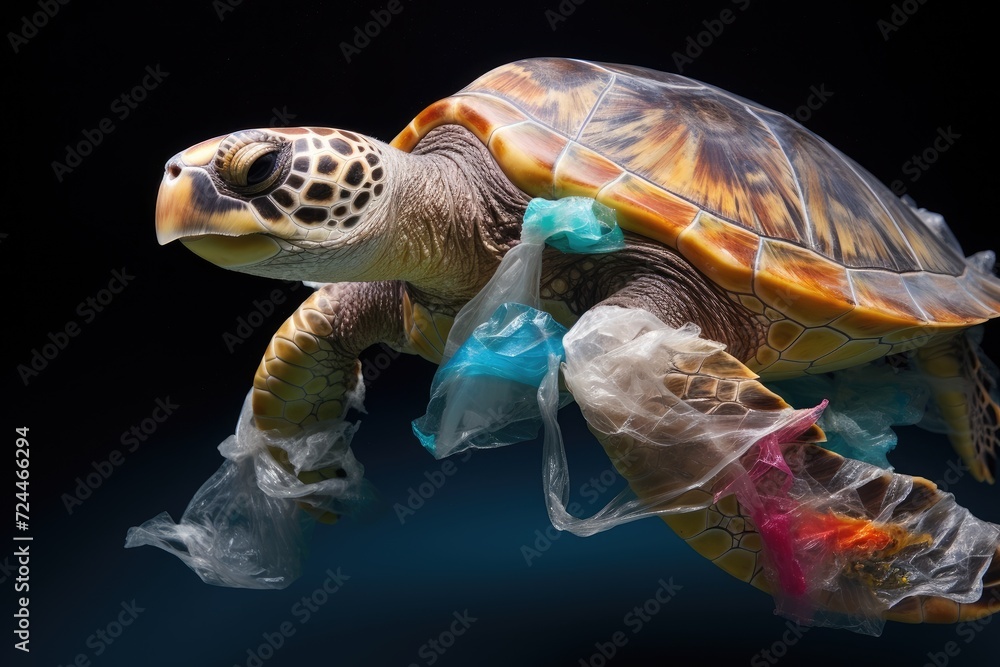 Turtle in Plastic Bag on Black Background, Portray the devastating ...