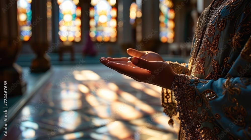 Young muslim woman prayer hijab pray to God on blur mosque background ...