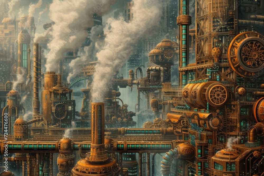A steampunk-inspired illustration showing a city powered by steam and ...