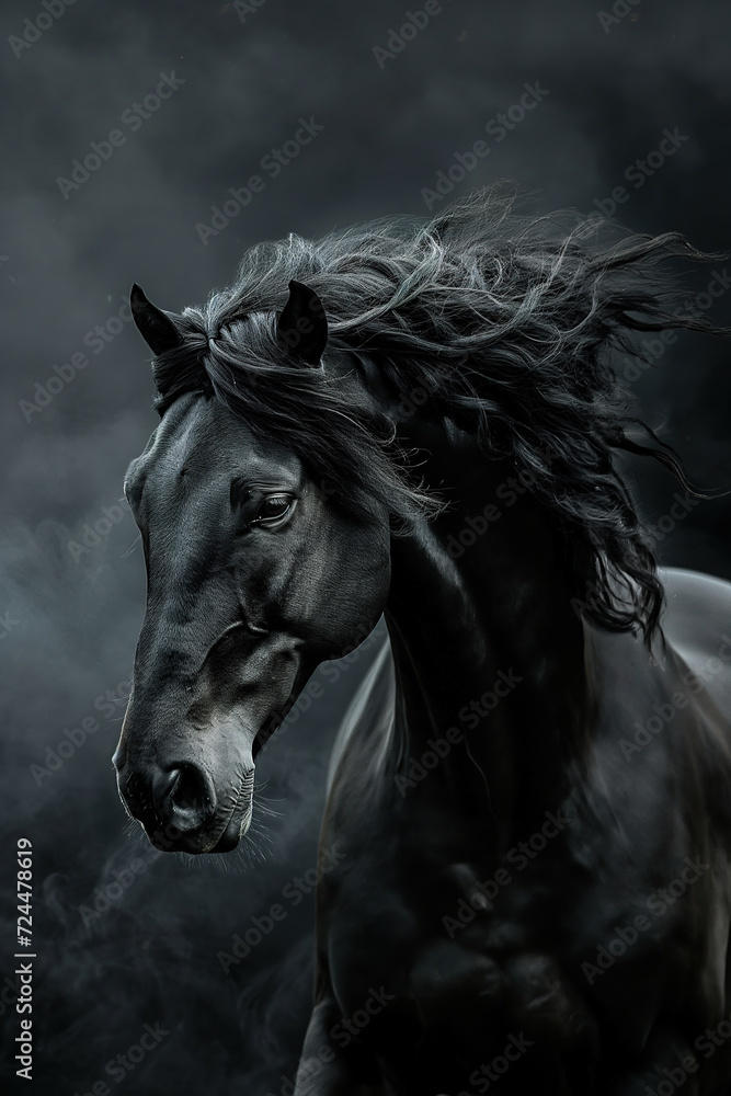 A majestic black mustang with a flowing mane gallops freely in the ...
