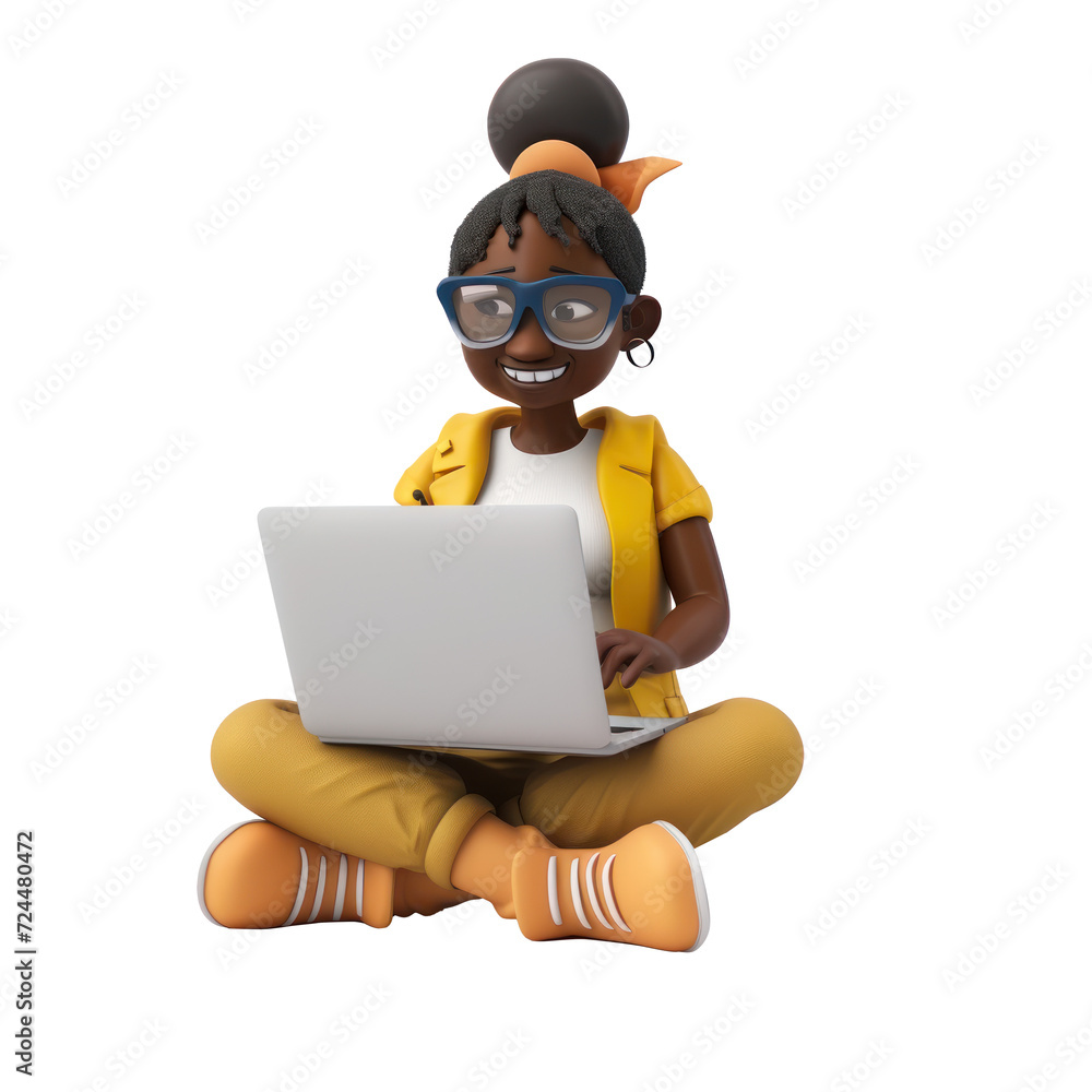 3d cartoon black young woman sitting working using laptop computer on ...